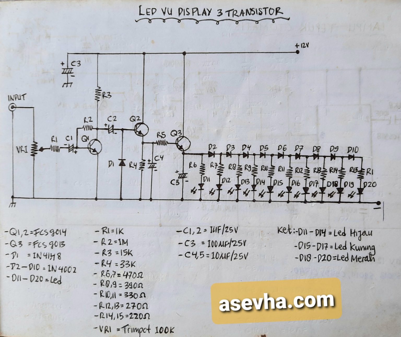 Skema LED VU Display Sederhana 3 Transistor - Tutorial, Elektronika & Hoby