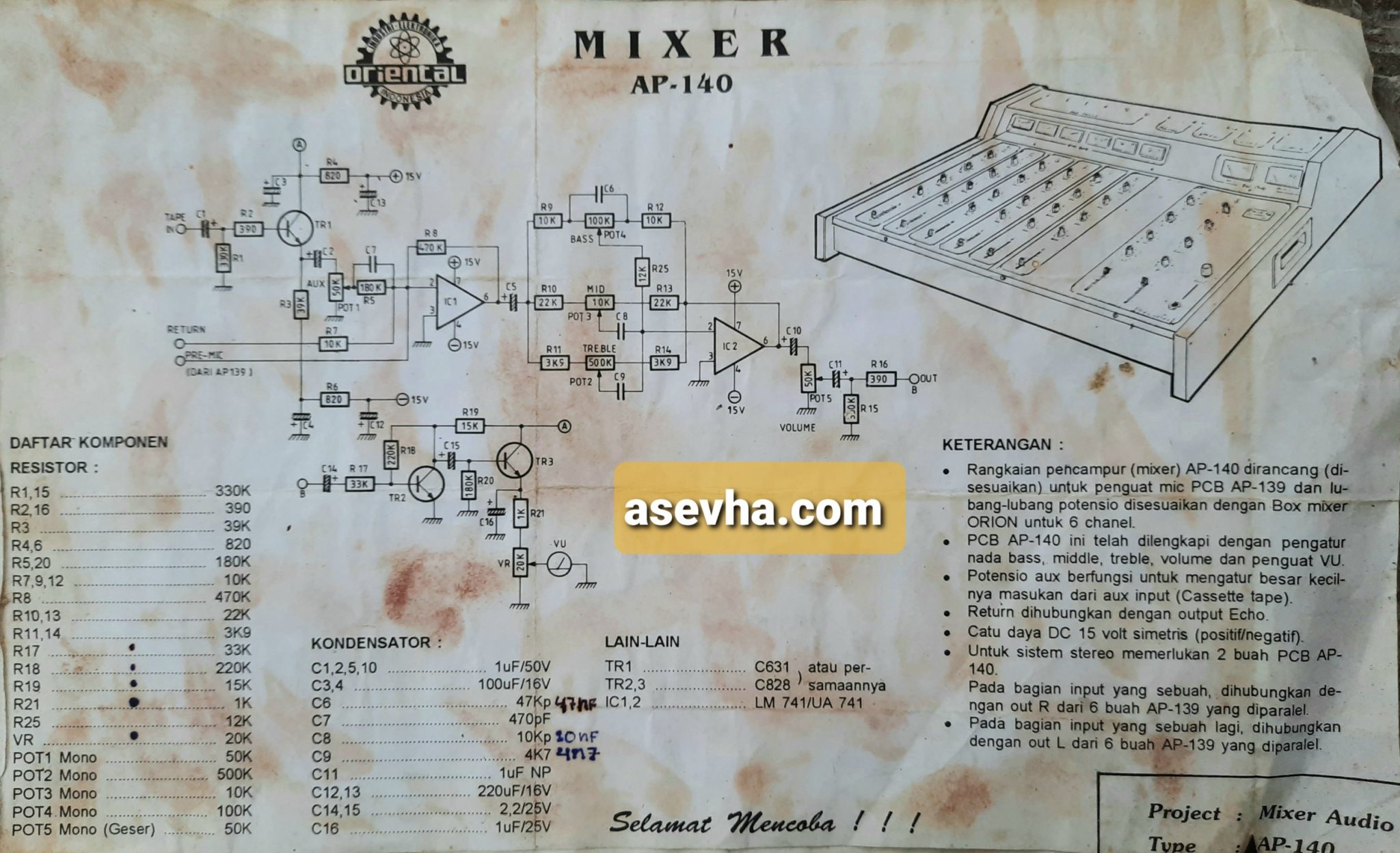 Skema Audio Mixer LM741 Plus Tone Control 3 Channel by Oriental AP-140 ...